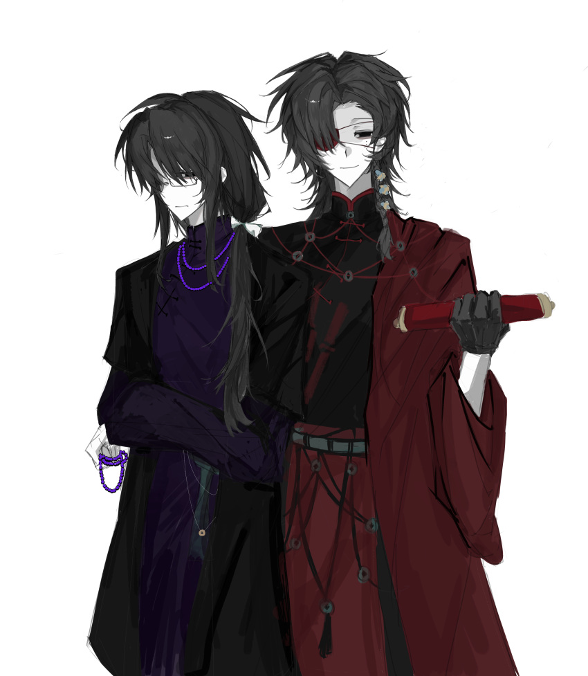 Safebooru - 2boys absurdres bead necklace beads black coat black eyes black gloves black hair ...