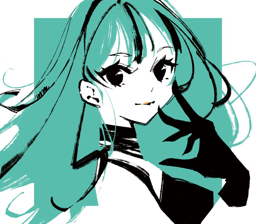 Safebooru - 1girl absurdres aqua background aqua hair aqua theme black ...