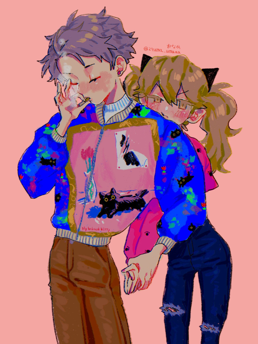 Safebooru - 2girls blue jacket brown eyes brown hair cigarette commentary cowboy shot denim grey ...