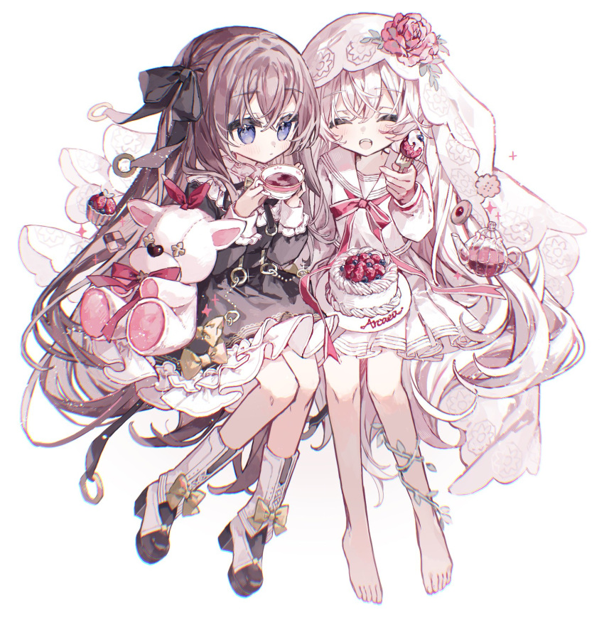 Safebooru - 2girls ^ ^ arcaea barefoot black bow black dress blue eyes blueberry boots bow ...