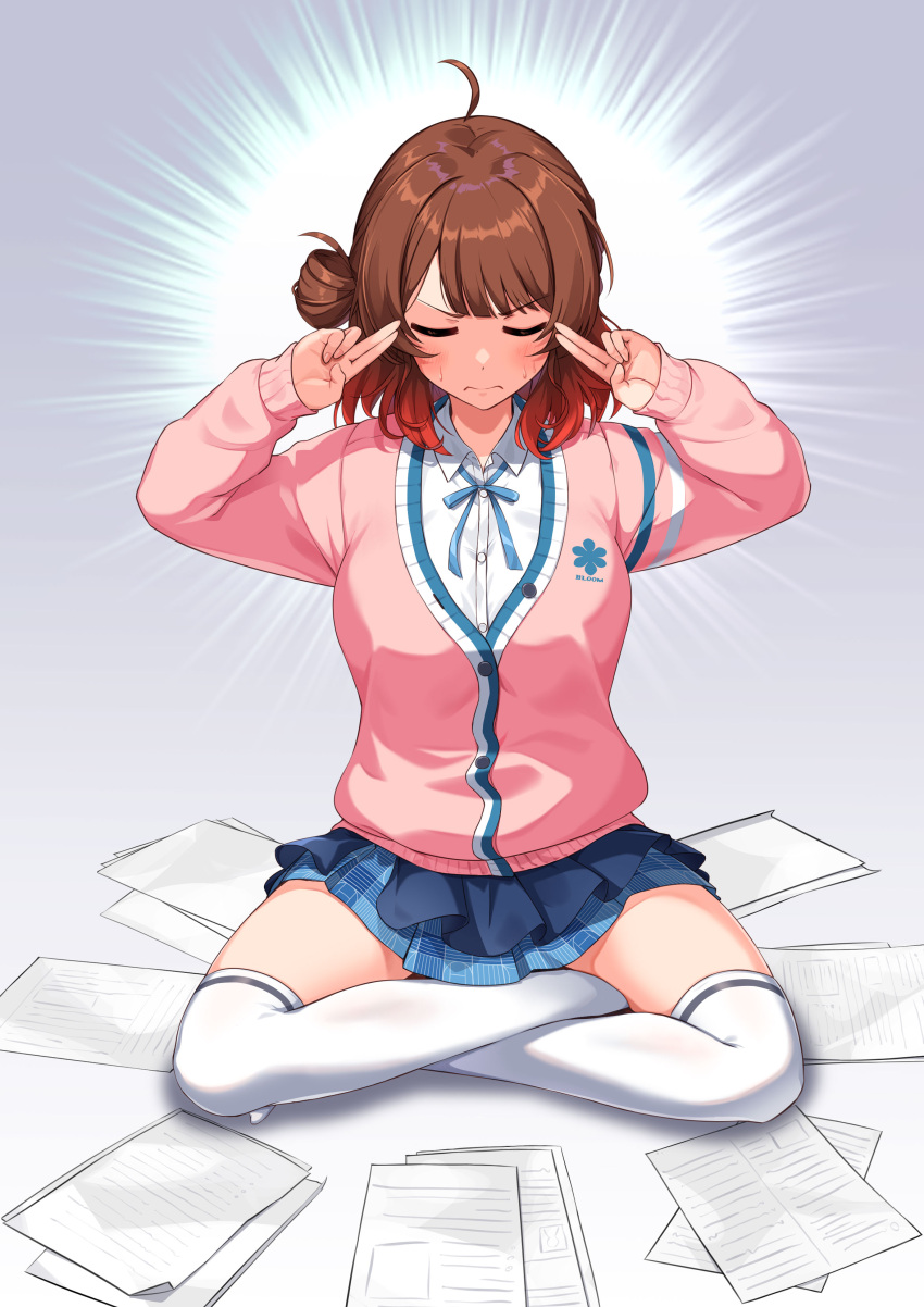 Safebooru - 1girl absurdres ahoge blue overskirt blue ribbon blue skirt blush breasts brown hair ...