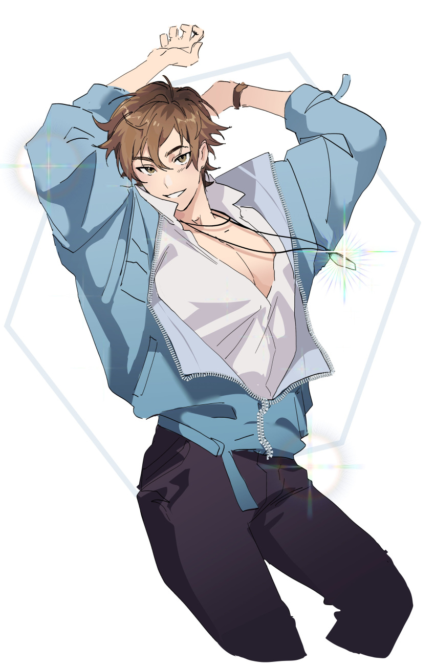 Safebooru - 1boy absurdres arms up bare pectorals black pants blue jacket bracelet brown eyes ...