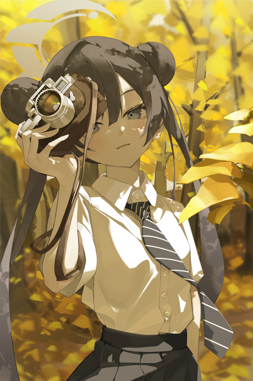 Safebooru - 1girl absurdres autumn leaves black hair black necktie black skirt blue archive ...