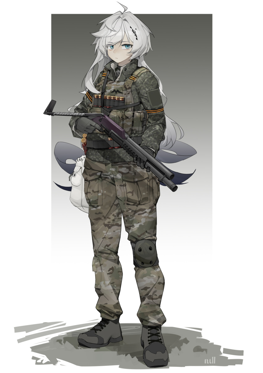 Safebooru - 1girl absurdres blue eyes bulletproof vest gloves gun highres knee pads long hair ...