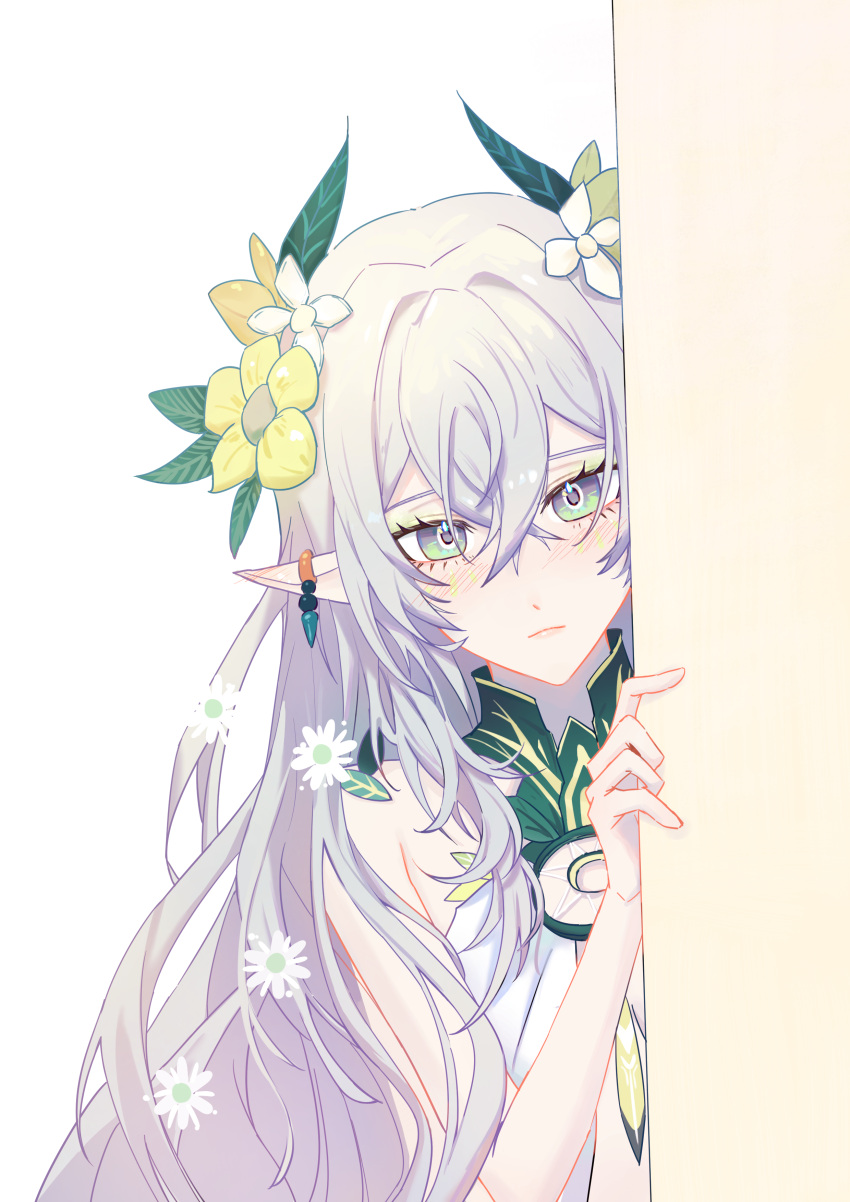 Safebooru - 1girl absurdres bare arms blush crossed bangs flower green ...