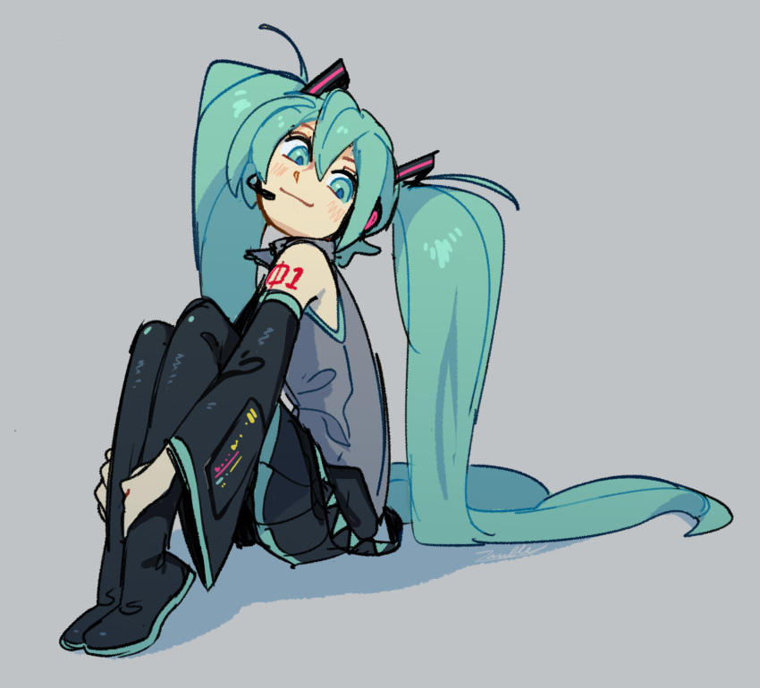 Safebooru - 1girl aqua eyes aqua hair bare shoulders black footwear black skirt boots commentary ...