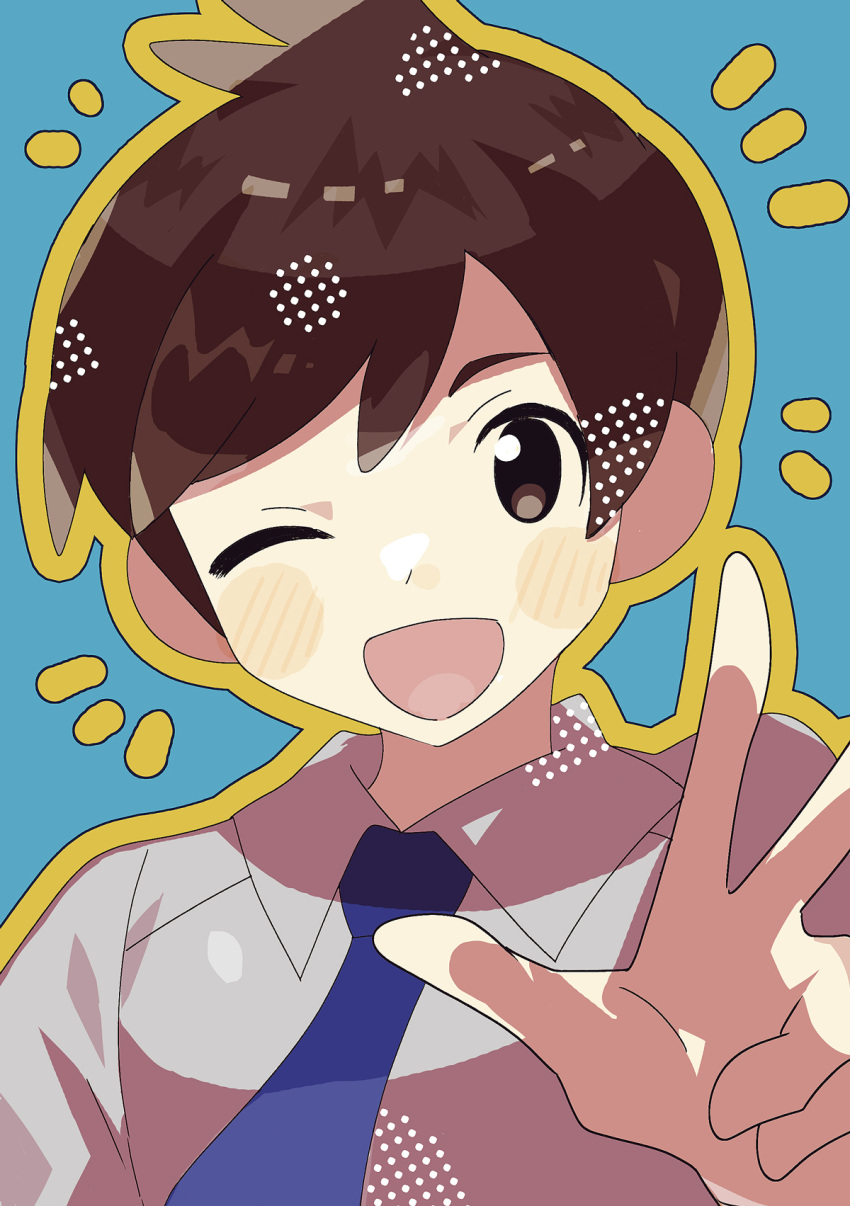 Safebooru - 1boy ;d anidler91 blue background blue necktie brown eyes ...