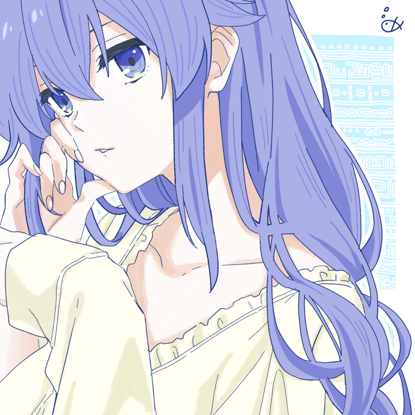 Safebooru - 1girl blue eyes blue hair collarbone commentary request dress fingernails hair ...