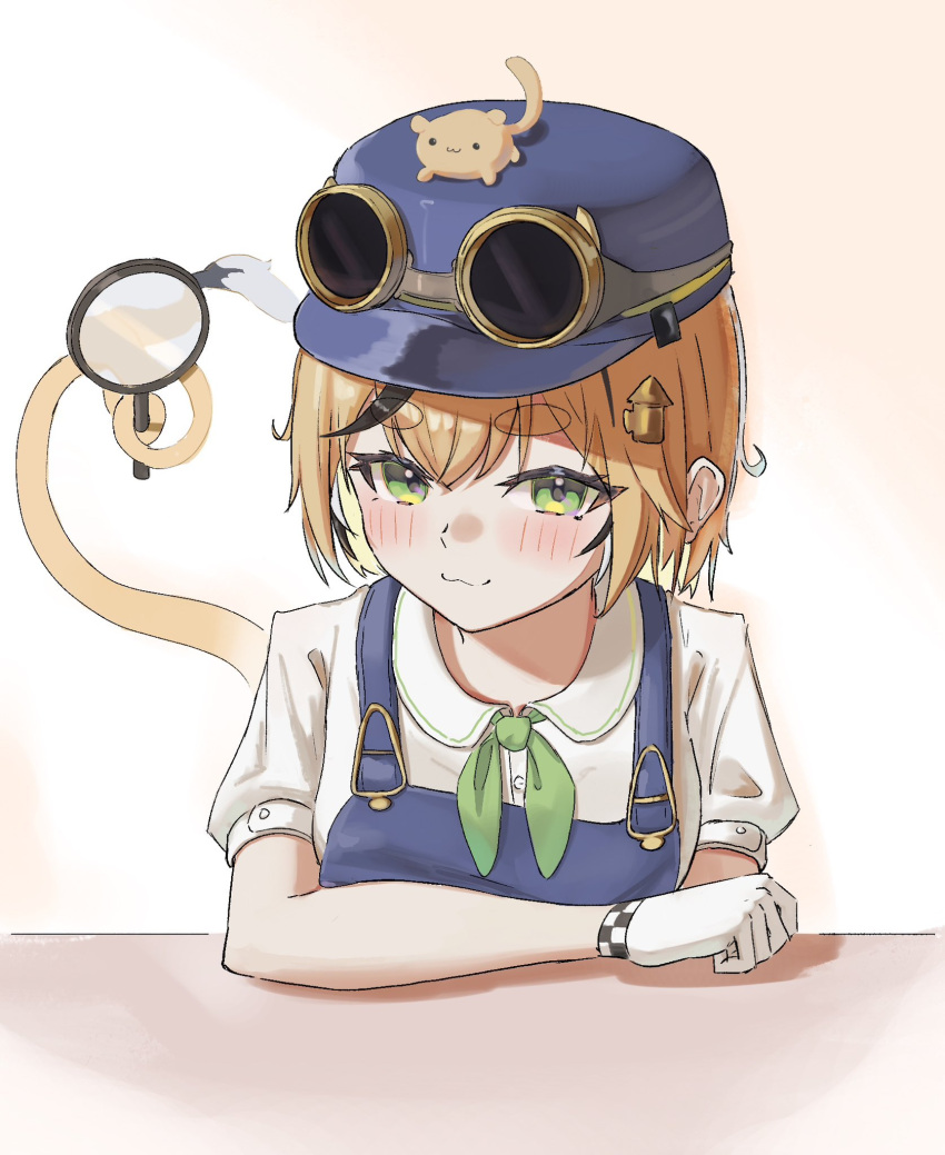 Safebooru - blonde hair blue overalls dooby (vtuber) gloves green eyes ...