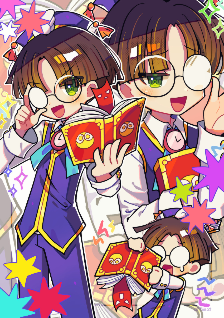 Safebooru - 1boy absurdres adjusting eyewear black-framed eyewear blue pants blush book brown ...