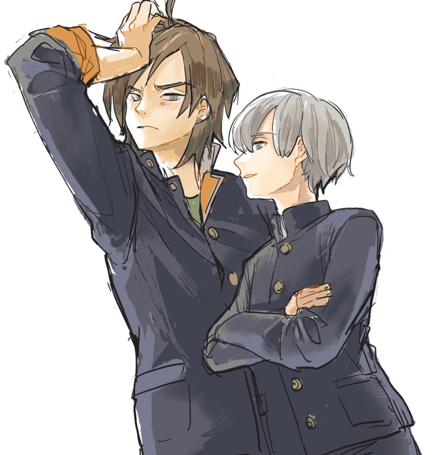 Safebooru - 2boys arm up azukimomonaka blush brown eyes brown hair ...