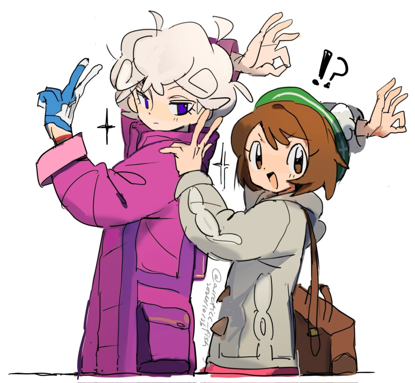 Safebooru - !? 1boy 1girl :d arrcticc fish bede (pokemon) brown bag brown eyes brown hair ...