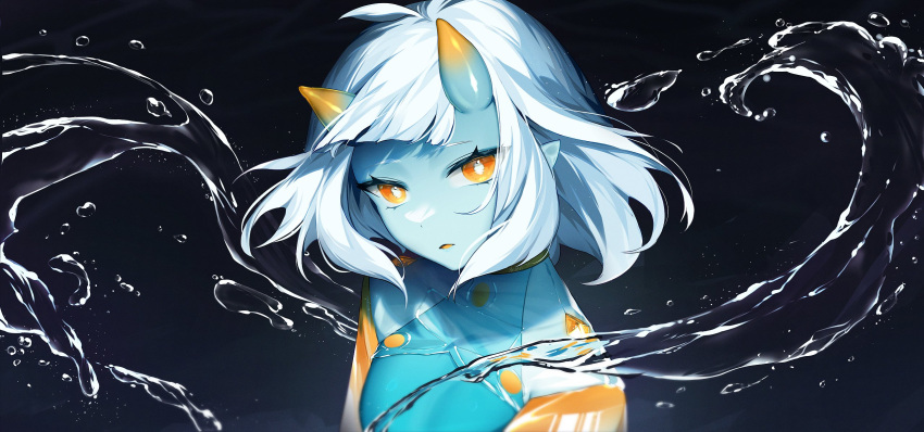 Safebooru - 1girl blue skin blunt bangs colored skin english commentary gradient horns highres ...