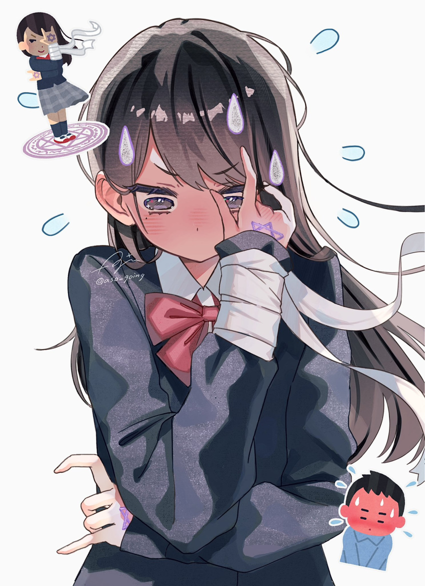 Safebooru - 1girl asa going bandaged wrist bandages black eyes black hair blue jacket blush bow ...
