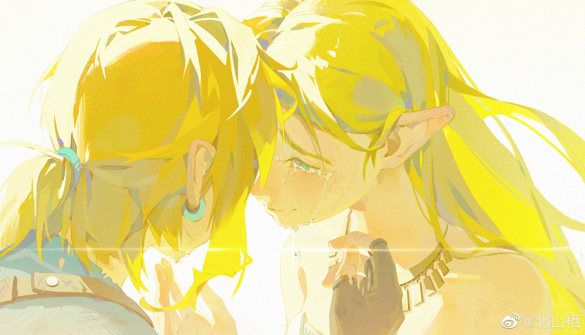 Safebooru - 1boy 1girl absurdres aqua eyes bare shoulders beishan qi blonde hair brown gloves ...