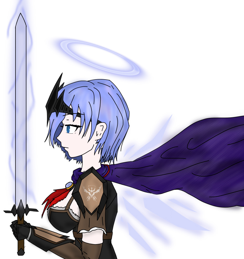 Safebooru - 1girl absurdres armor blue eyes blue hair cape expressionless halo helmet highres ...