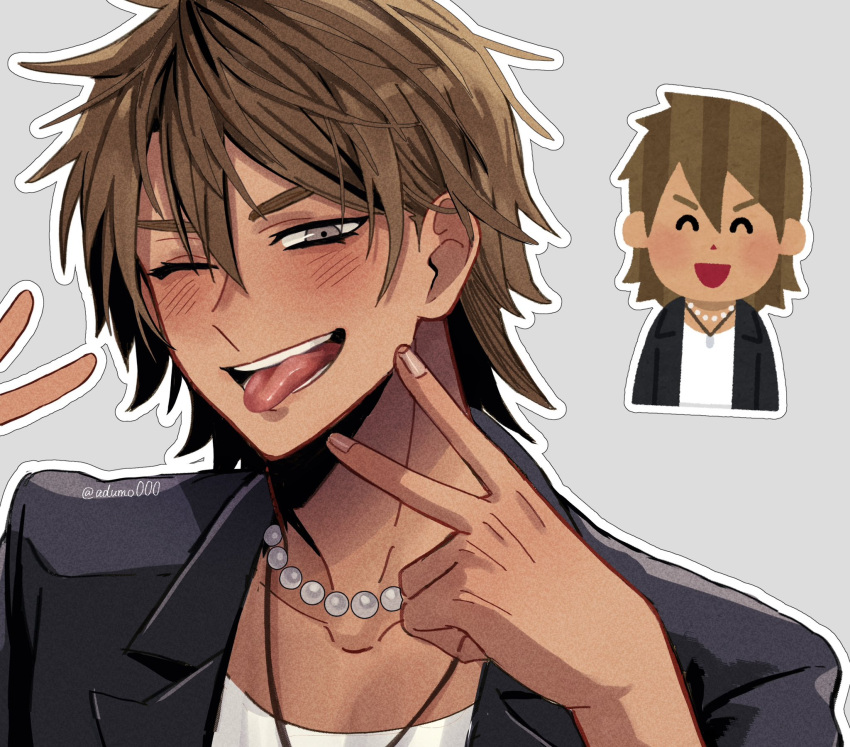 Safebooru - 1boy adumo000 arm up black jacket blush brown hair ...