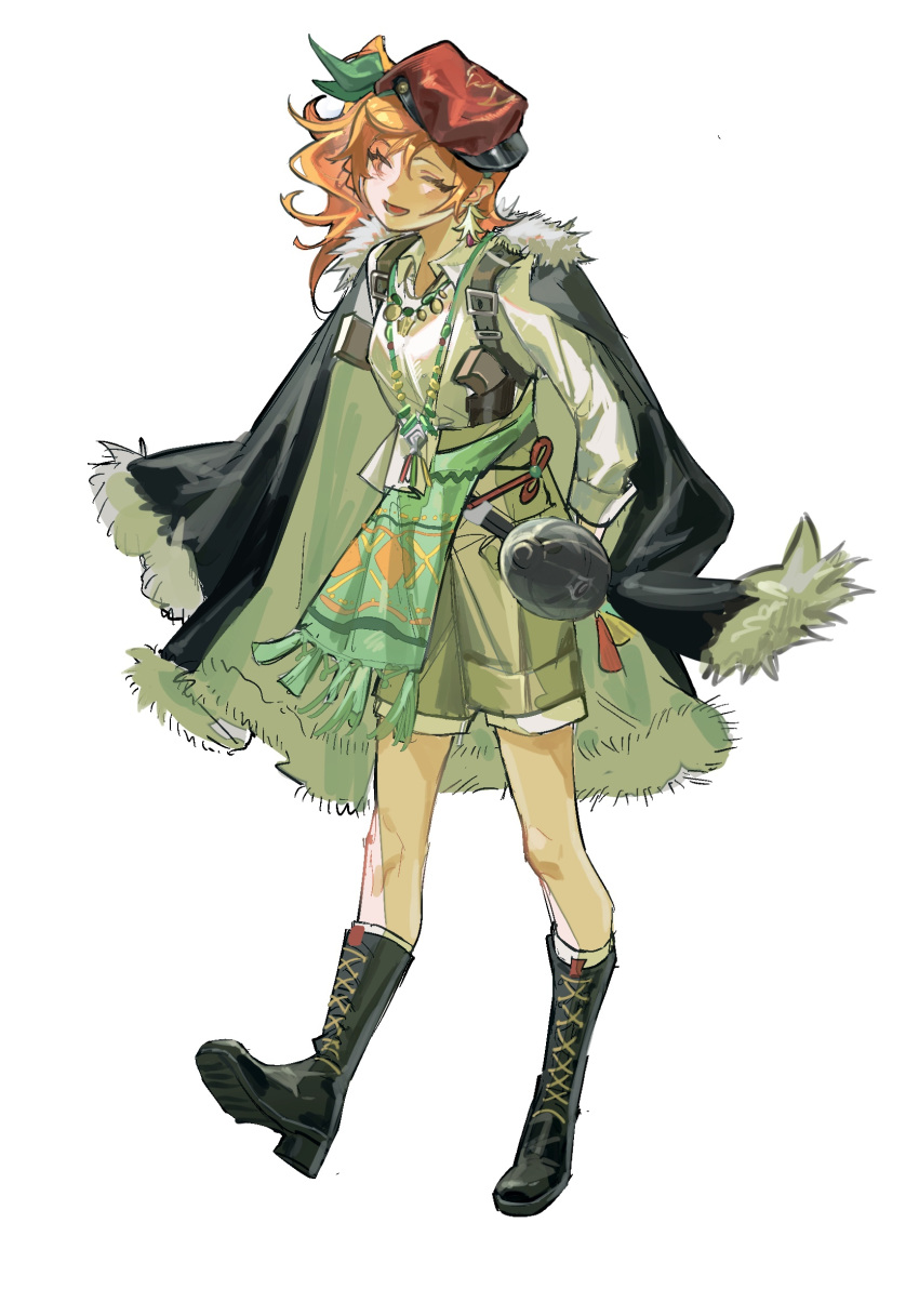 Safebooru - 1girl ;d arms behind back beret black coat black footwear boots coat collared shirt ...