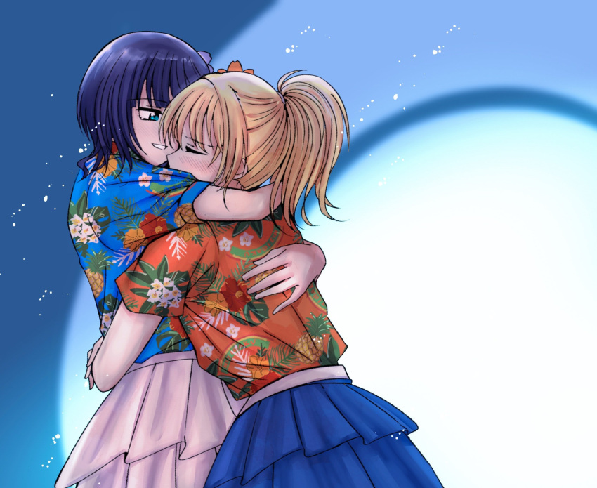 Safebooru - 2girls asaka karin blonde hair blue eyes blue flower blue hair blue shirt blue skirt ...