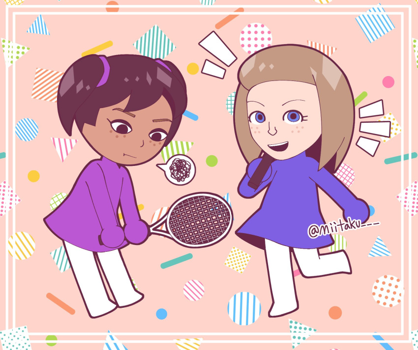 Safebooru - 2girls abby (mii) black hair blue dress blue eyes brown ...