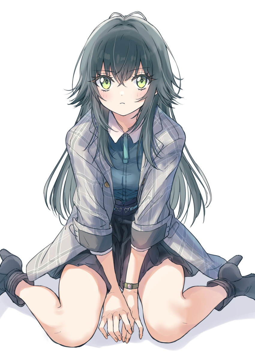 Safebooru - 1girl antenna hair arms between legs bare legs black footwear black skirt blush coat ...