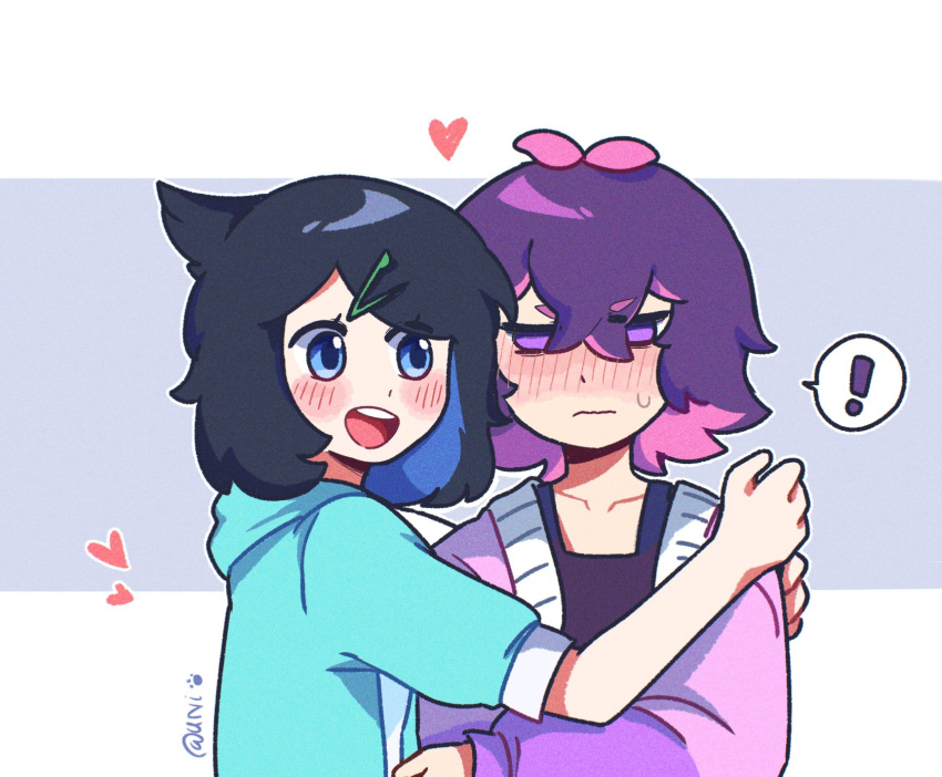 Safebooru - ! 2girls aqua hoodie black hair blue eyes blush colored ...