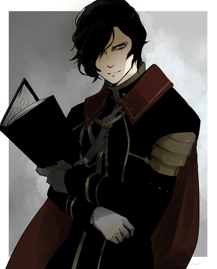 Safebooru - 1boy bags under eyes black coat black hair book border cape closed mouth coat ...