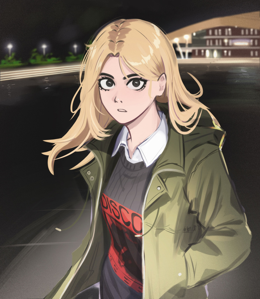 Safebooru - 1girl absurdres black eyes black sweater blonde hair breasts building collared shirt ...