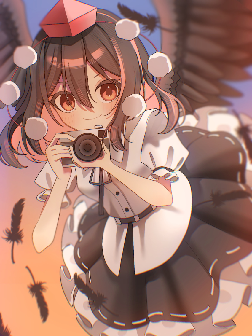 Safebooru - 1girl bird wings black feathers black hair black ribbon black skirt black wings ...