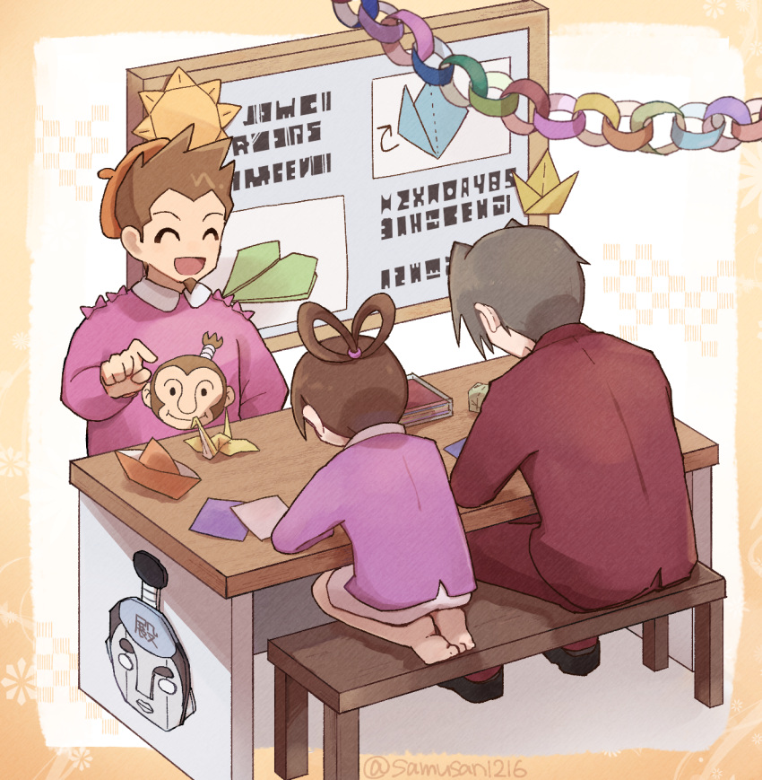 Safebooru - 1girl 2boys ^ ^ ace attorney beret brown hair child closed eyes facial hair folding ...