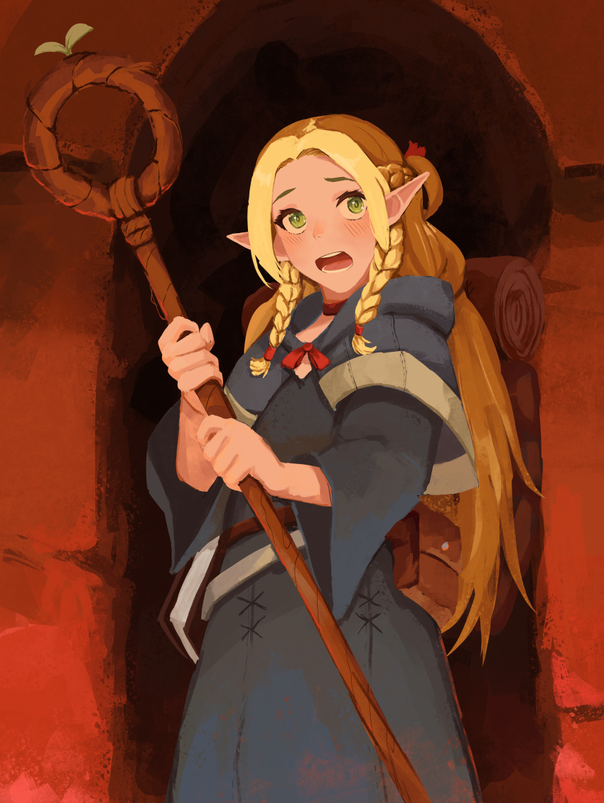 Safebooru - 1girl absurdres ambrosia (dungeon meshi) blonde hair blue capelet blue robe blush ...