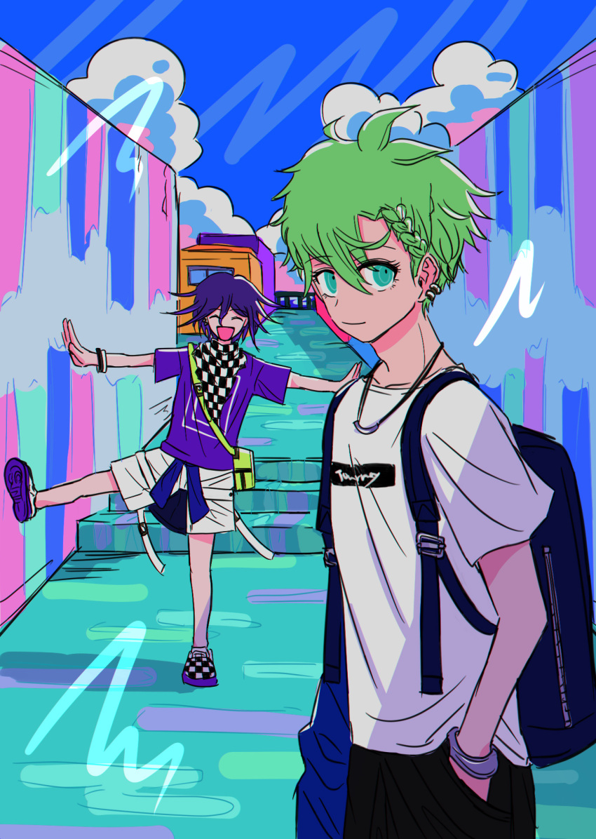 Safebooru - 2boys alternate costume amami rantaro antenna hair backpack ...