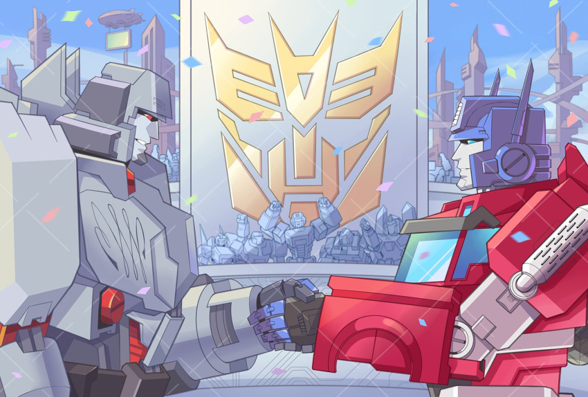 Safebooru - 2boys blue eyes crowd cybertron handshake helmet highres ...