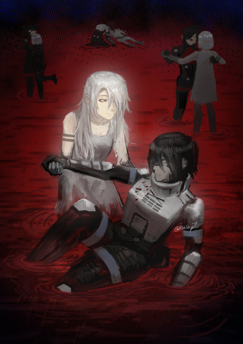 Safebooru - 2girls absurdres android ariane yeong arm tattoo armor barcode barcode tattoo black ...