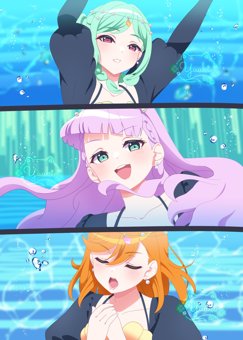 Safebooru - 3girls :3 :d absurdres aqua eyes aqua hair black dress blunt bangs blush braided ...