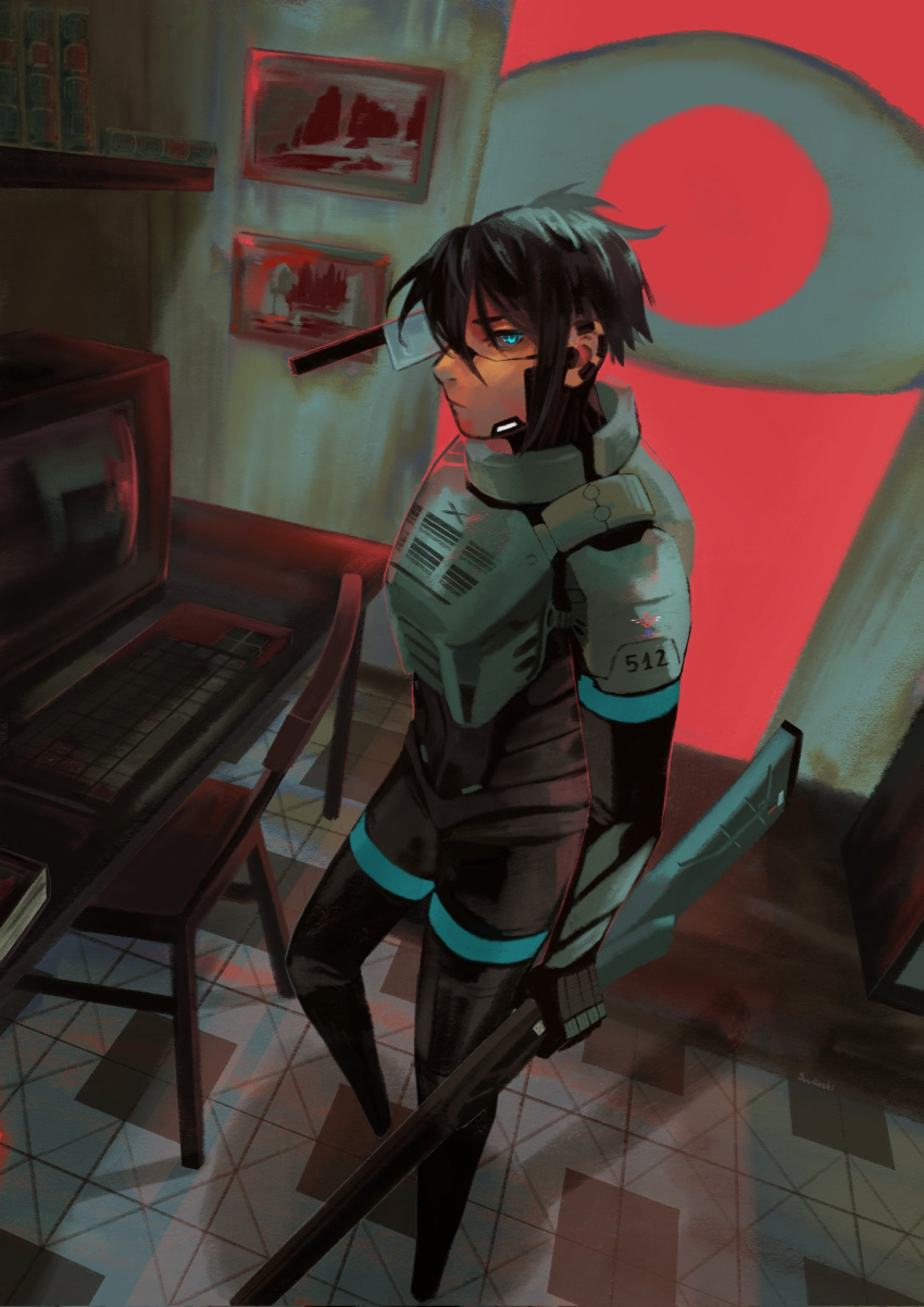 Safebooru - 1girl android armor black hair blue eyes book bookshelf ...