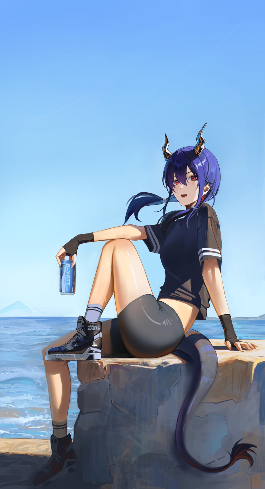 Safebooru - 1girl absurdres arknights bike shorts black footwear black gloves black shirt black ...