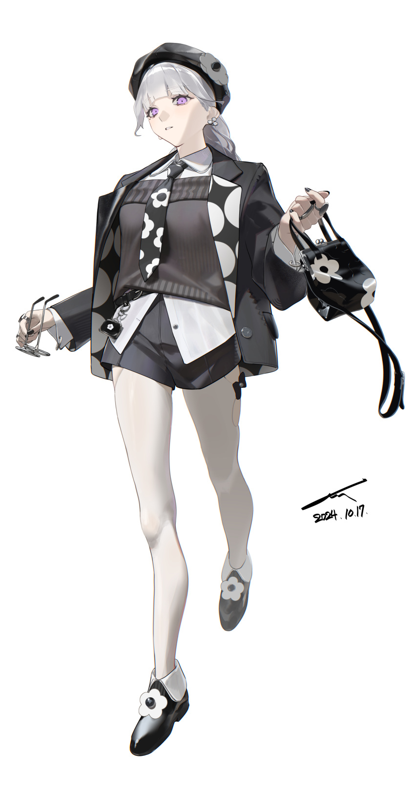 Safebooru - 1girl absurdres bag beret black jacket black nails black necktie grey hair handbag ...