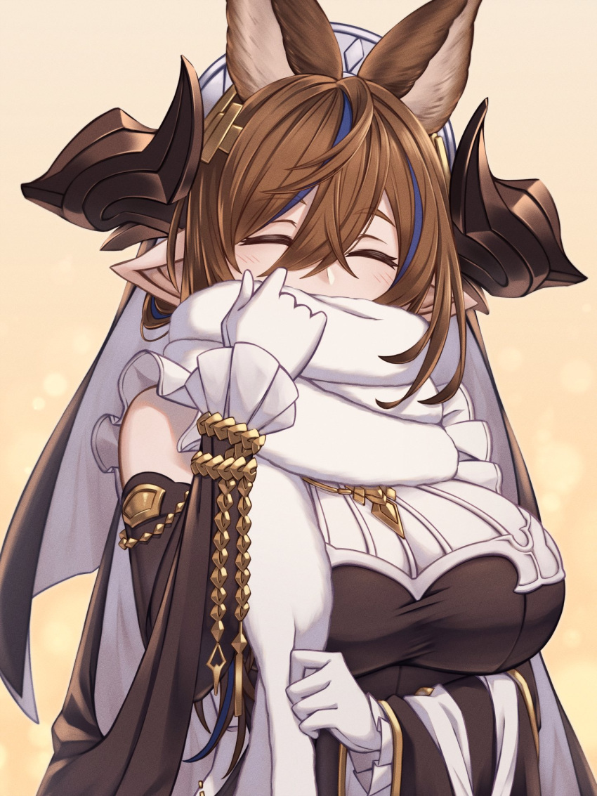 Safebooru - 1girl animal ears blush breasts brown eyebrows brown hair closed eyes commentary ...