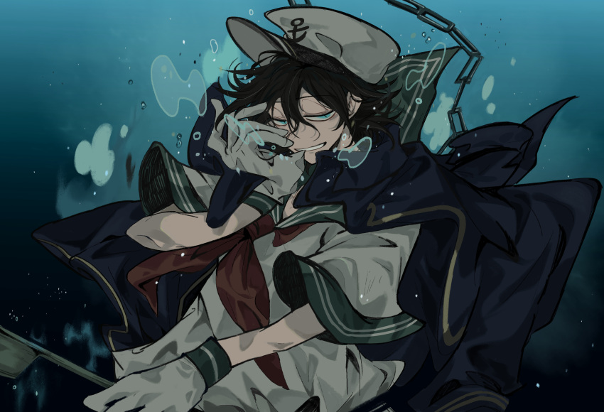Safebooru - 1girl anchor symbol biting biting glove black hair blue ...