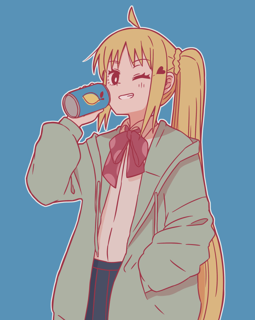 Safebooru - absurdres ahoge blonde hair blue background bocchi the rock! bow can drink can ...