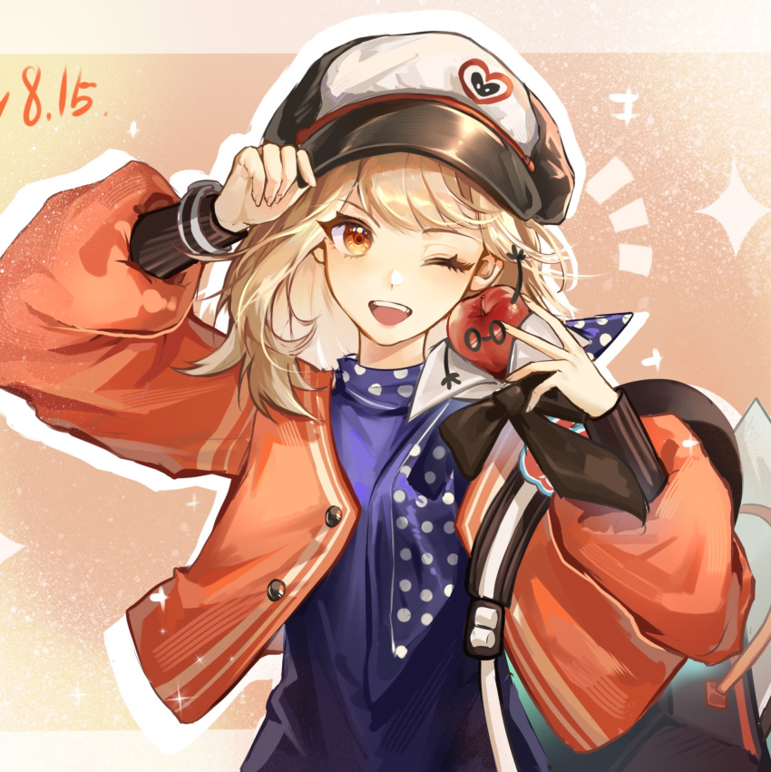 Safebooru - 1girl ;d adjusting clothes adjusting headwear apple apple (reverse:1999) black bow ...