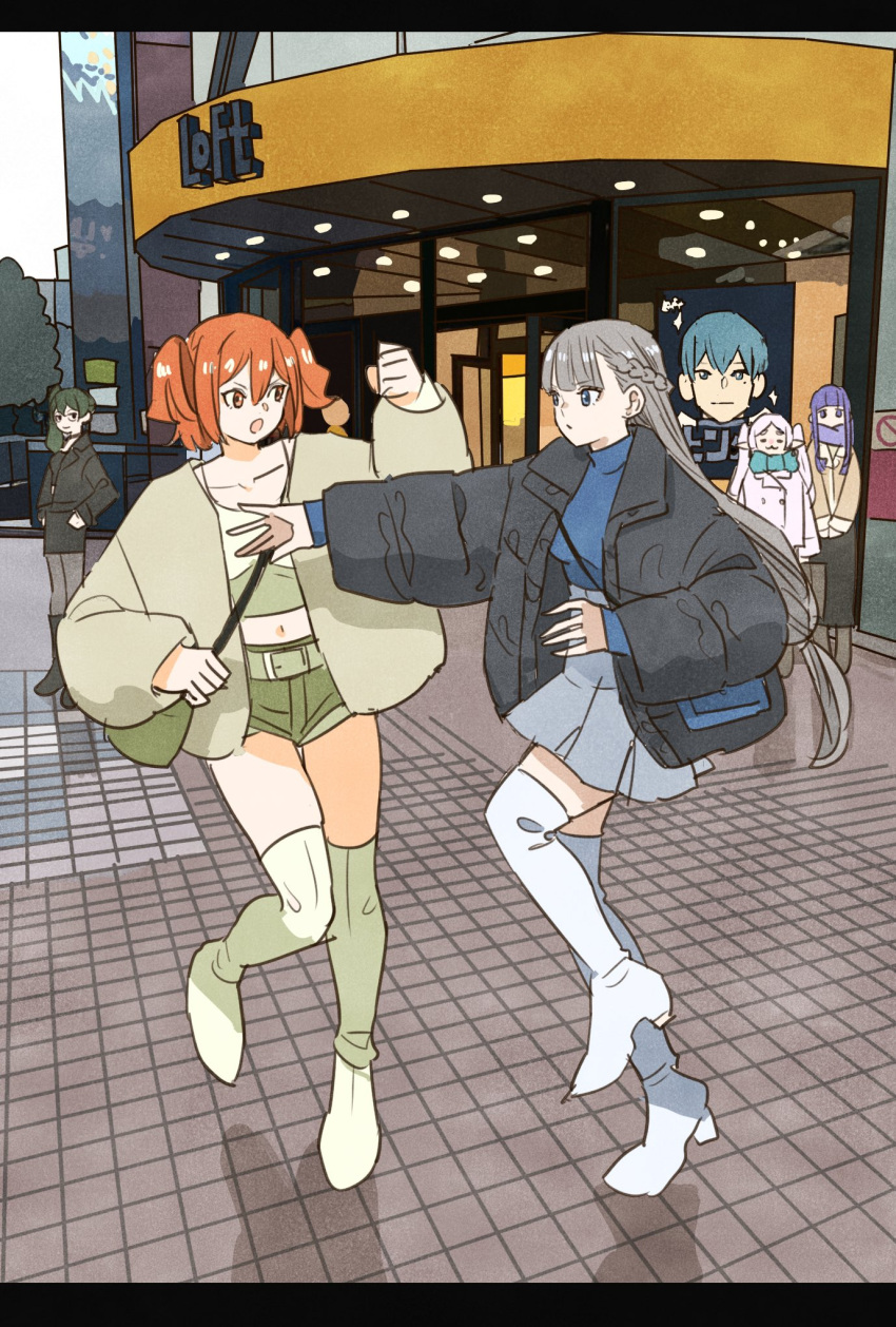 Safebooru - 5girls alternate costume alternate universe aqua scarf bag belt belt buckle black ...