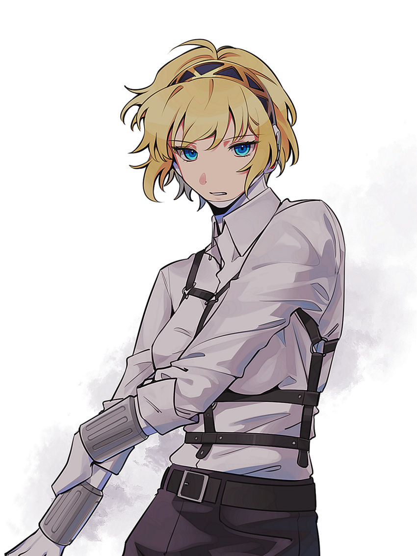 Safebooru - 1girl aegis (persona) belt black belt black pants black straps blonde hair blue eyes ...