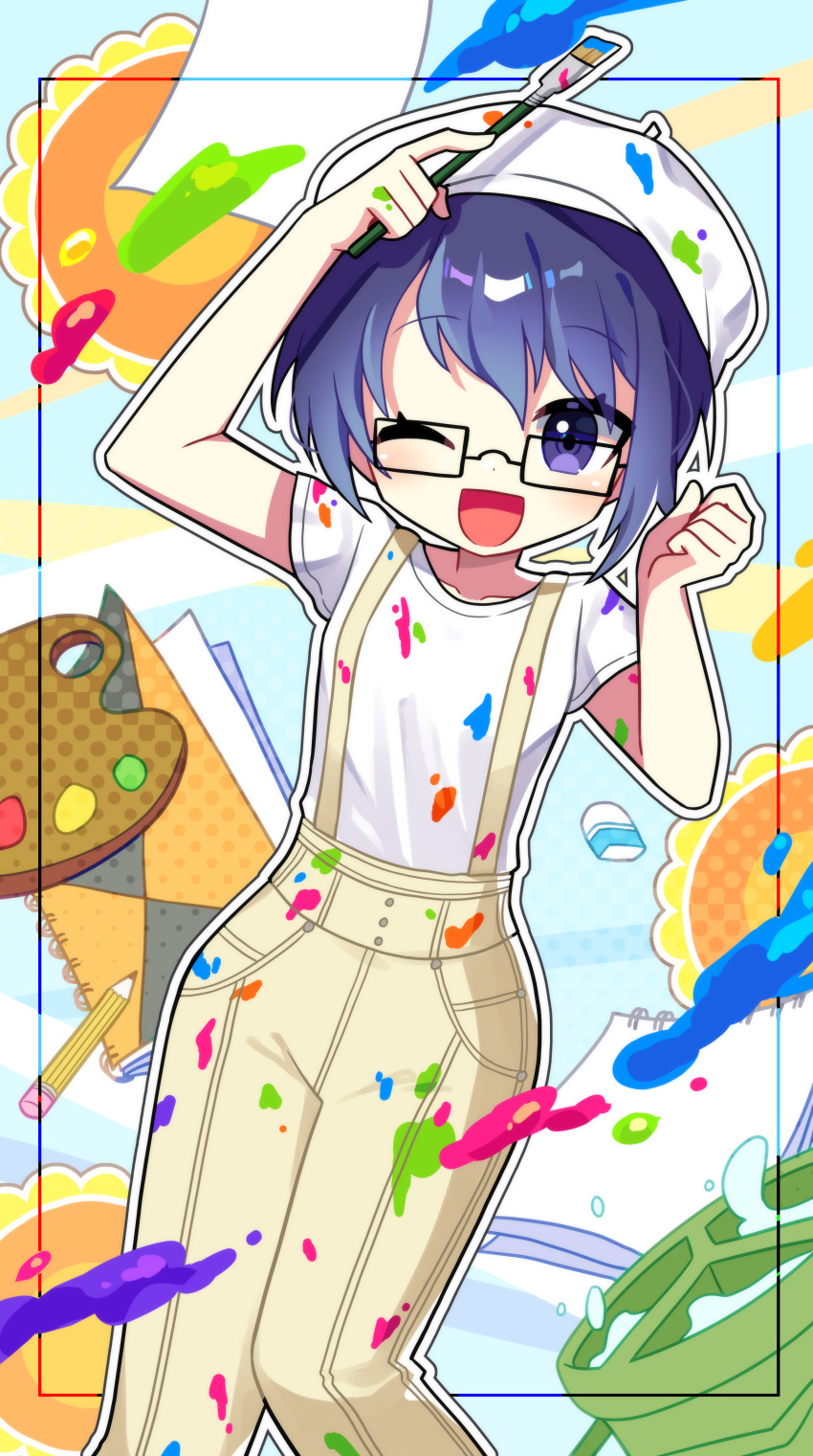 Safebooru - 1girl absurdres arm up black-framed eyewear blue hair blush brown pants commission ...