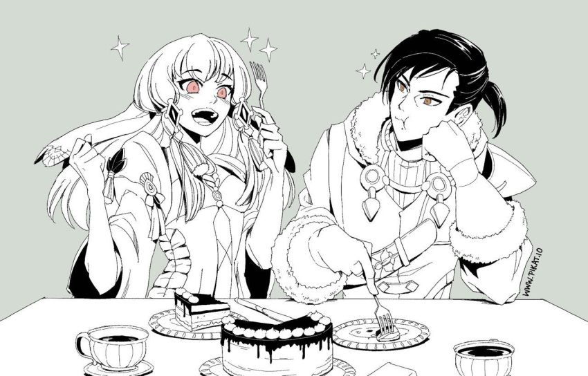 Safebooru - 1boy 1girl brown eyes cake cake slice coat cup eating felix ...