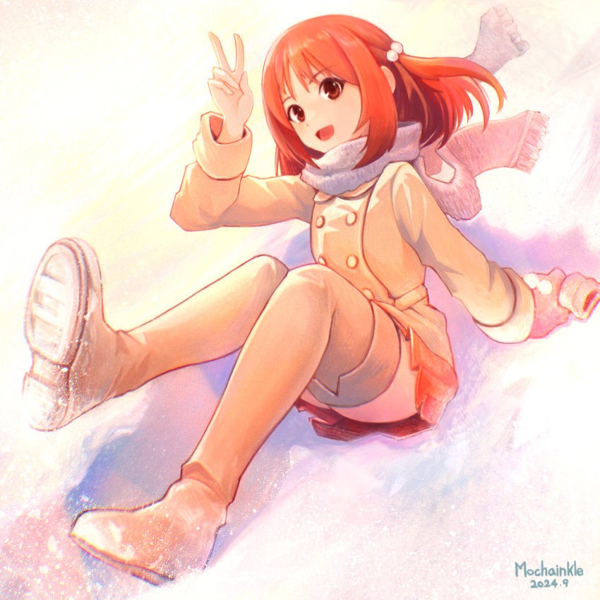 Safebooru - 1girl boots brown coat brown eyes brown footwear brown hair clenched hand coat full ...