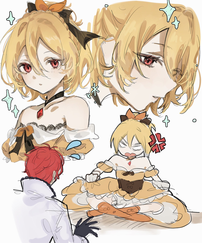 Safebooru - 1boy 1girl anger vein bare shoulders black gloves black ribbon blank eyes blonde ...