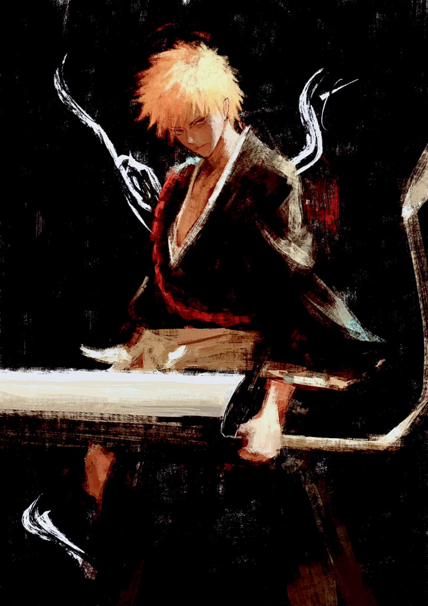 Safebooru - 1boy black background black kimono bleach closed mouth frown fuyumurasaki highres ...