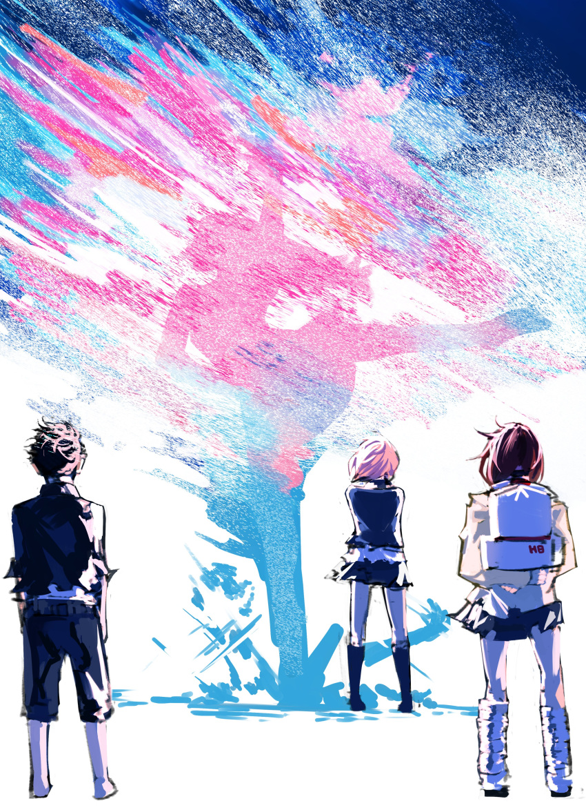 Safebooru - 1boy 2girls absurdres acrobatic silky (dandadan) arms behind back backpack bag ...